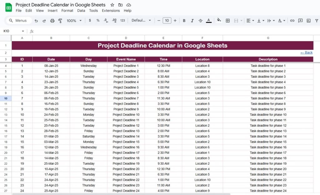 Project Deadline Calendar in Google Sheets - Next Gen Templates
