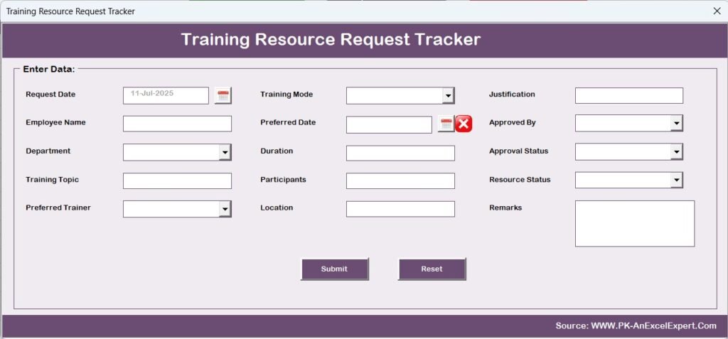Training Resource Request Tracker in Excel - Next Gen Templates