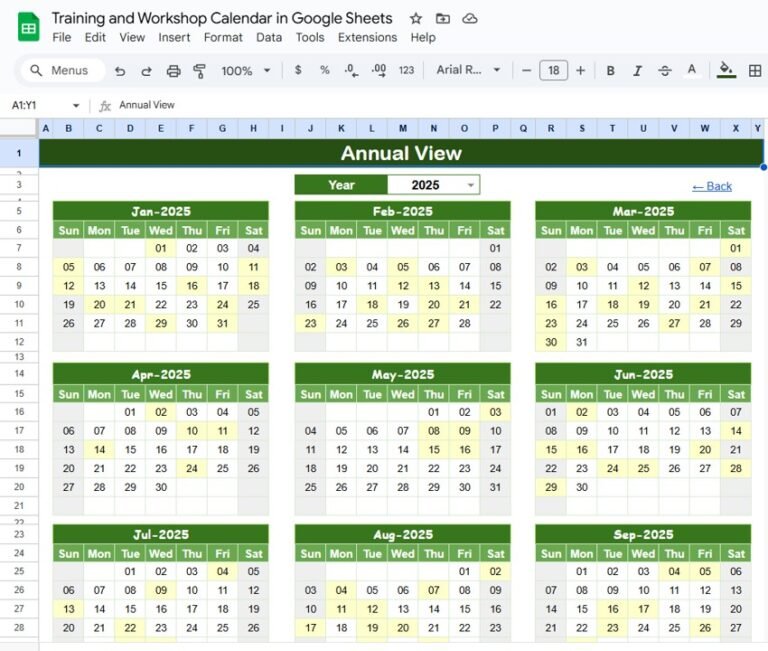 Training and Workshop Calendar in Google Sheets - Next Gen Templates