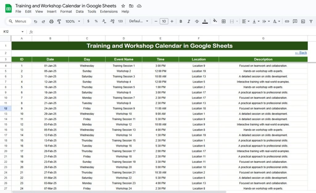 Training and Workshop Calendar in Google Sheets - Next Gen Templates