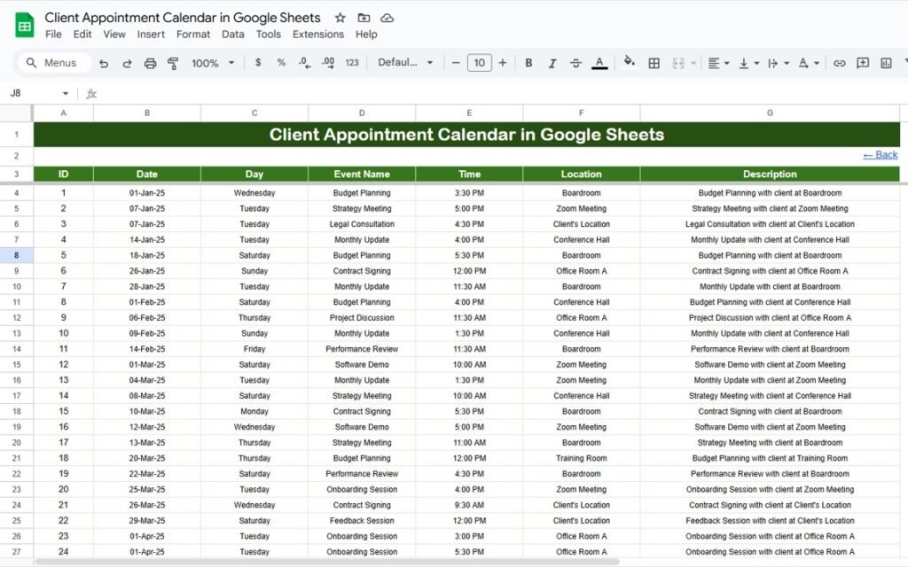 Client Appointment Calendar in Google Sheets - Next Gen Templates