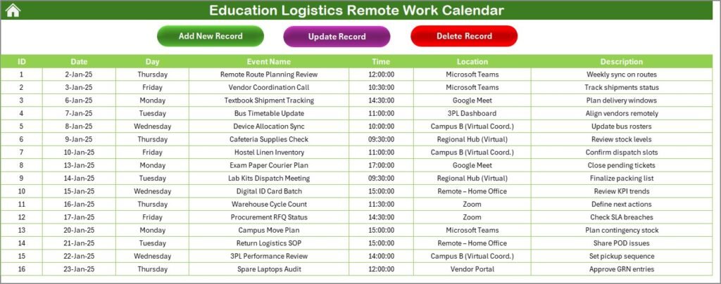 Education Logistics Remote Work Calendar in Excel - Next Gen Templates
