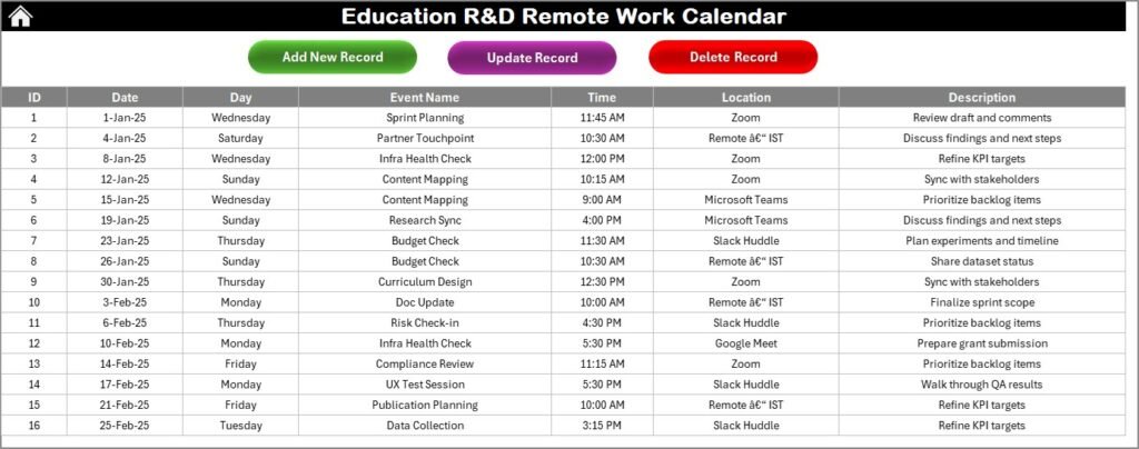 Education R&D Remote Work Calendar in Excel - Next Gen Templates