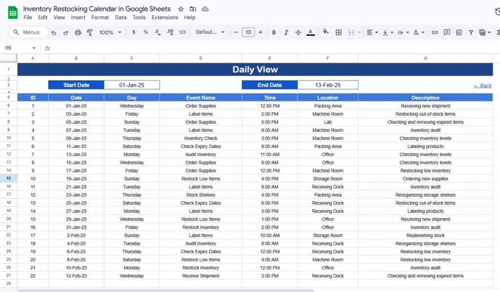 Inventory Restocking Calendar in Google Sheets - Next Gen Templates