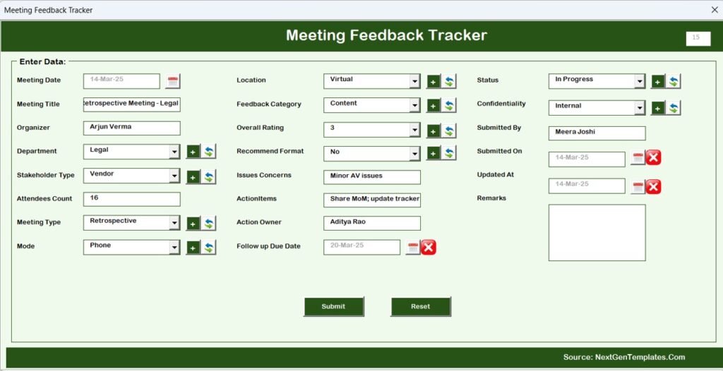 Meeting Feedback Tracker in Excel - Next Gen Templates