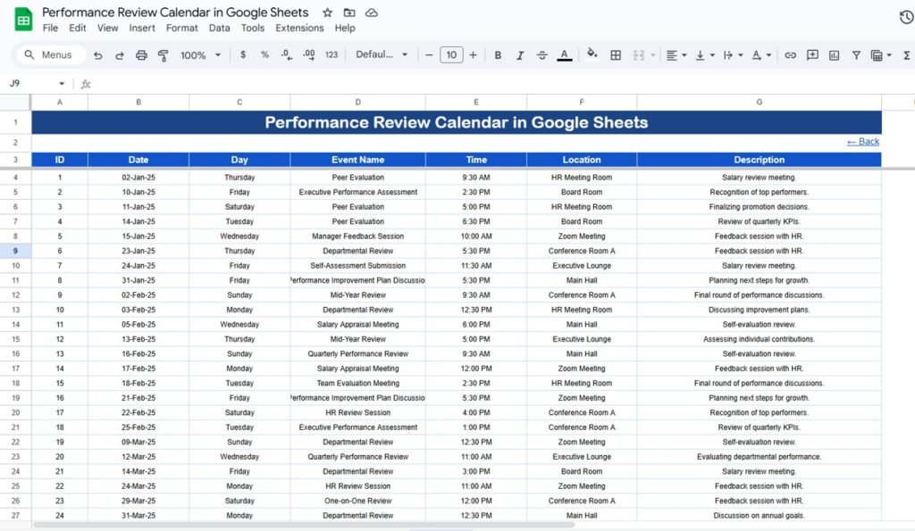Performance Review Calendar in Google Sheets - Next Gen Templates