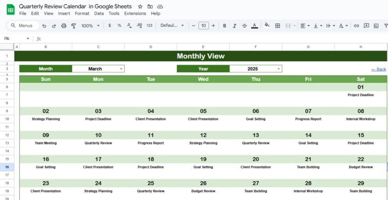 Quarterly Review Calendar in Google Sheets - Next Gen Templates