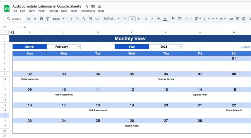Audit Schedule Calendar in Google Sheets - Next Gen Templates