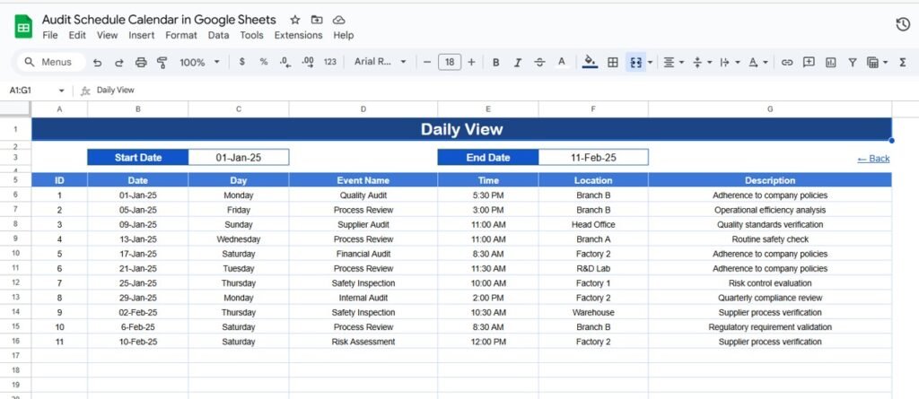 Audit Schedule Calendar in Google Sheets - Next Gen Templates