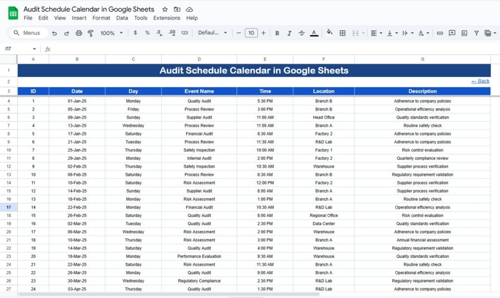 Audit Schedule Calendar in Google Sheets - Next Gen Templates