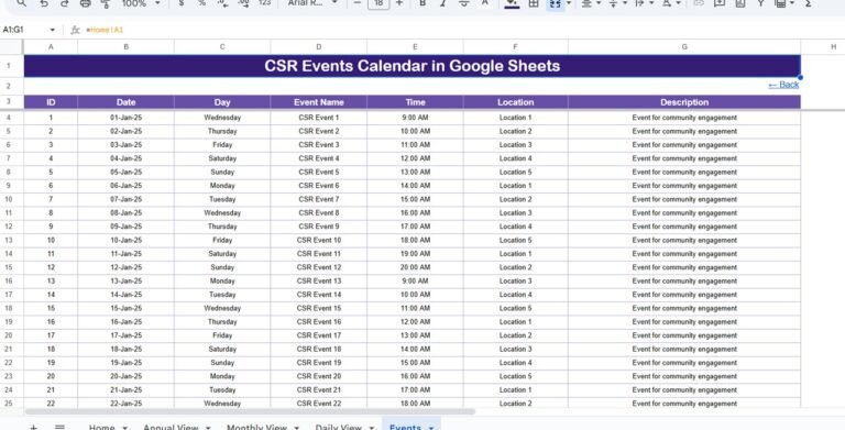 CSR Events Calendar in Google Sheets - Next Gen Templates