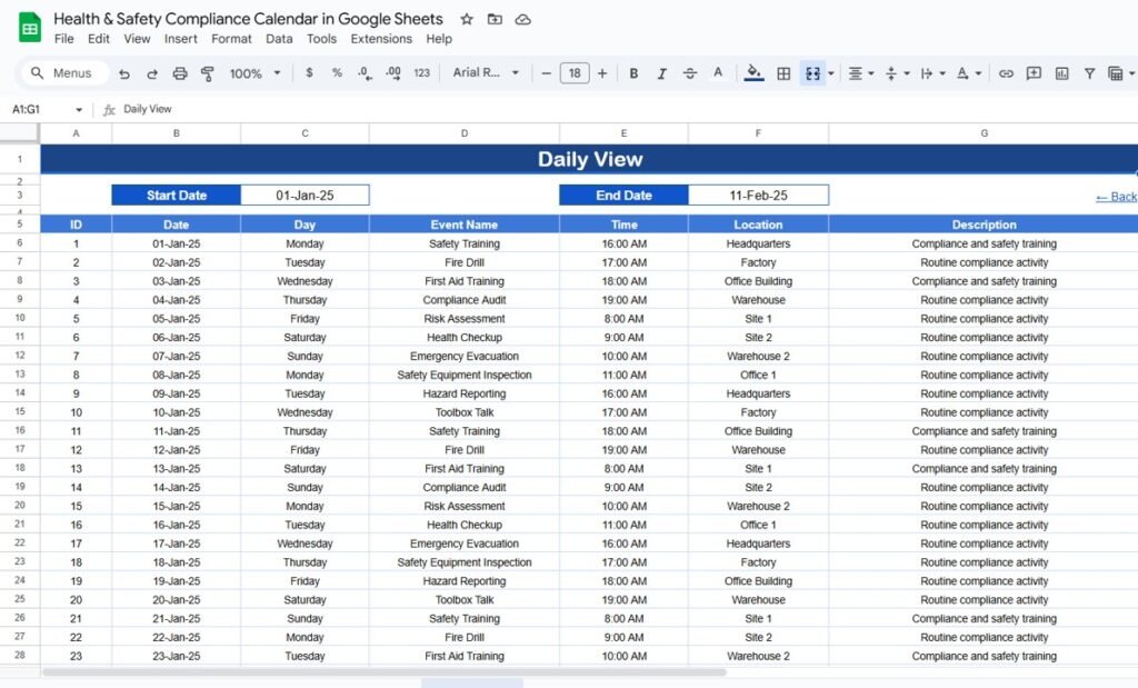 Health & Safety Compliance Calendar in Google Sheets - Next Gen Templates