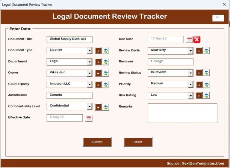 Legal Document Review Tracker in Excel - Next Gen Templates