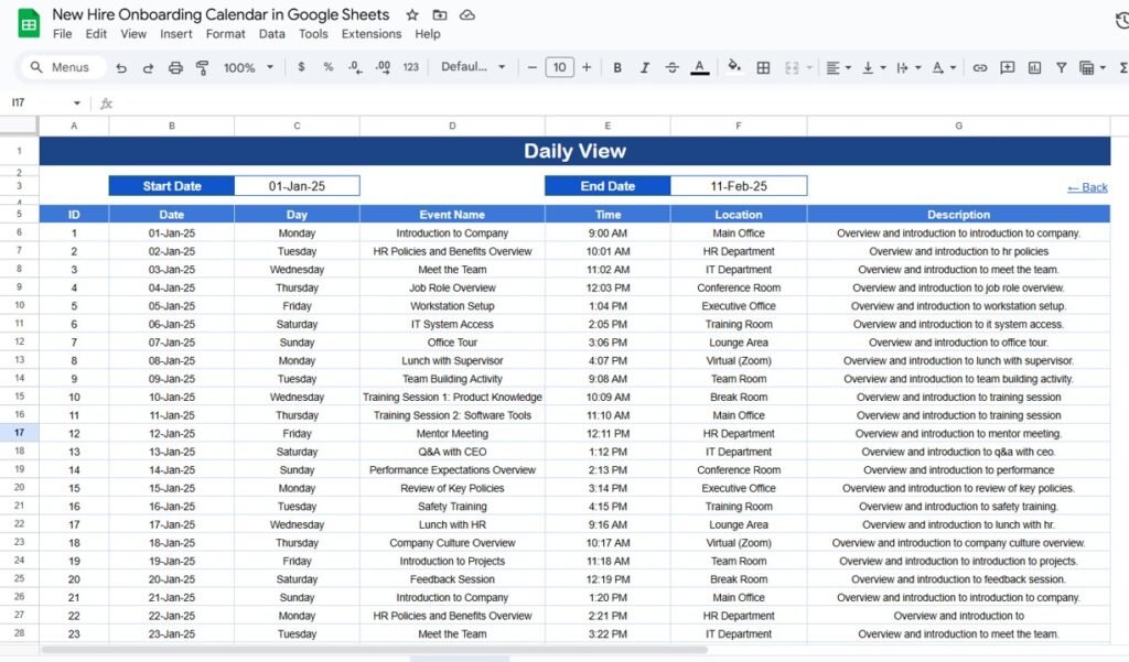 New Hire Onboarding Calendar in Google Sheets - Next Gen Templates