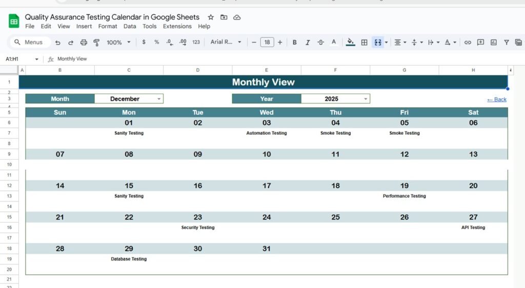 Quality Assurance Testing Calendar in Google Sheets - Next Gen Templates