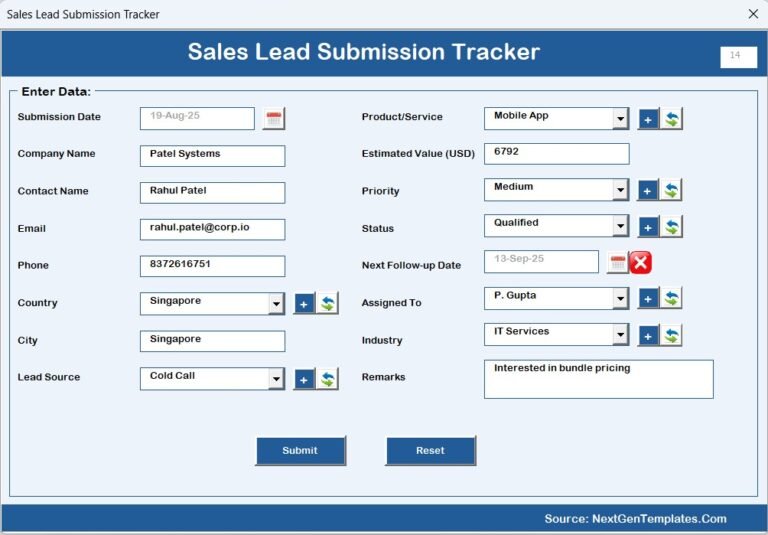 Sales Lead Submission Tracker in Excel - Next Gen Templates