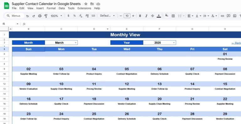 Supplier Contact Calendar in Google Sheets - Next Gen Templates