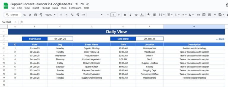 Supplier Contact Calendar in Google Sheets - Next Gen Templates