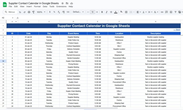 Supplier Contact Calendar in Google Sheets - Next Gen Templates