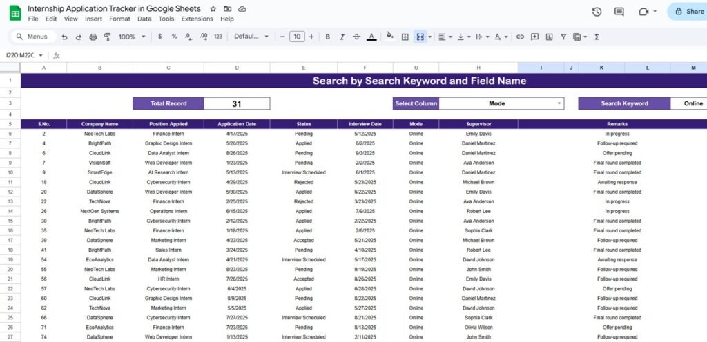 Internship Application Tracker in Google Sheets - Next Gen Templates