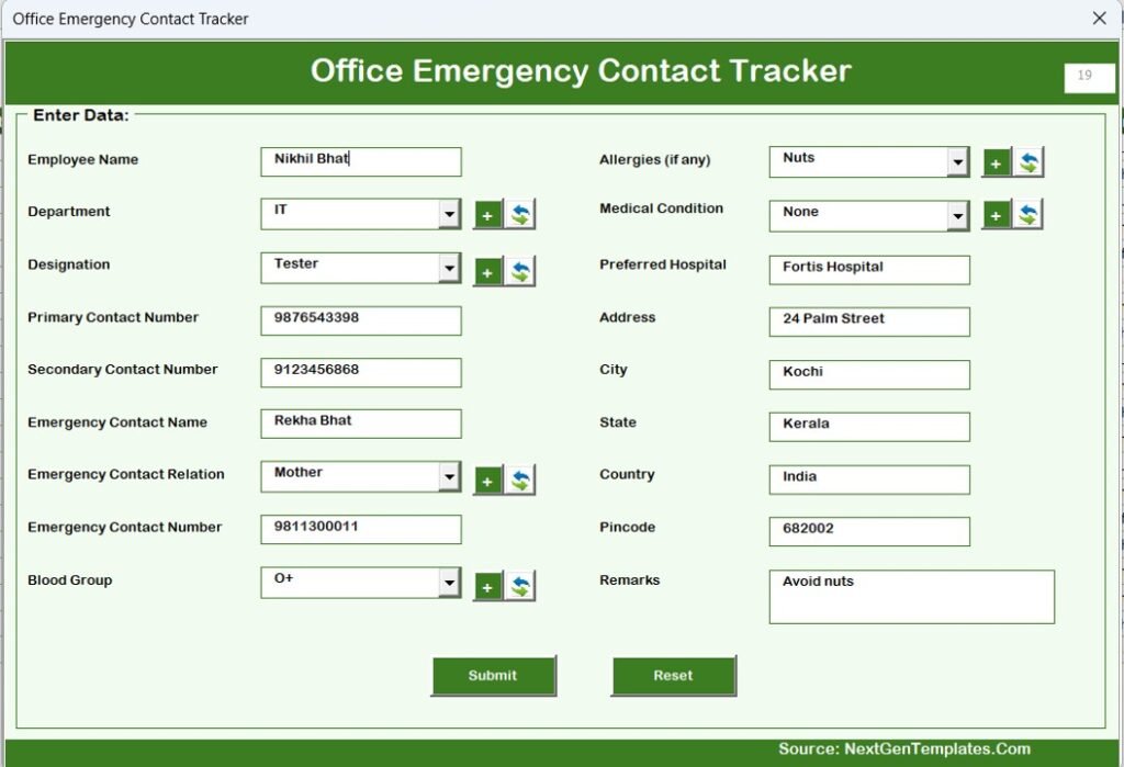 Office Emergency Contact Tracker In Excel Next Gen Templates