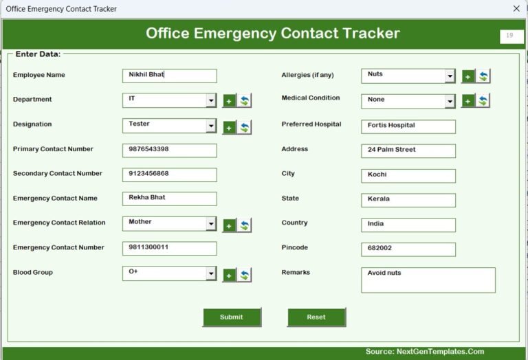 Office Emergency Contact Tracker in Excel - Next Gen Templates