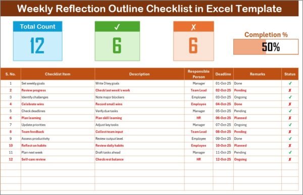 Weekly Reflection Outline Checklist in Excel - Next Gen Templates