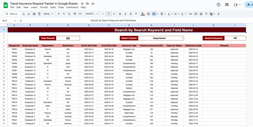 Travel Insurance Request Tracker in Google Sheets - Next Gen Templates