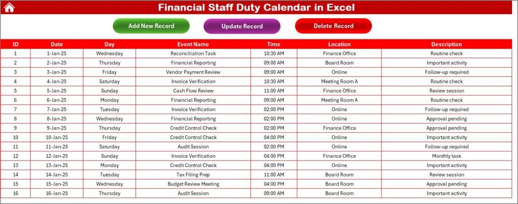 Financial Staff Duty Calendar in Excel - Next Gen Templates
