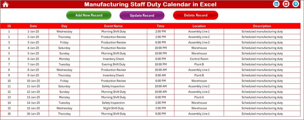 Manufacturing Staff Duty Calendar in Excel - Next Gen Templates