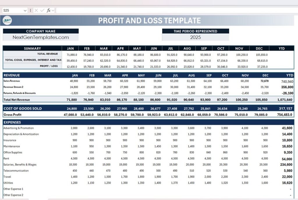Profit and Loss (P&L) Template in Excel - Next Gen Templates