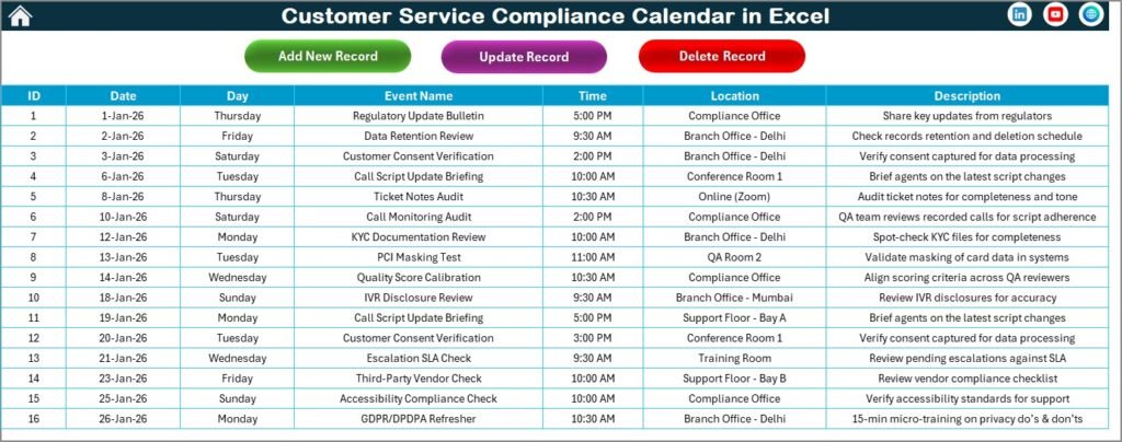 Customer Service Compliance Calendar in Excel - Next Gen Templates