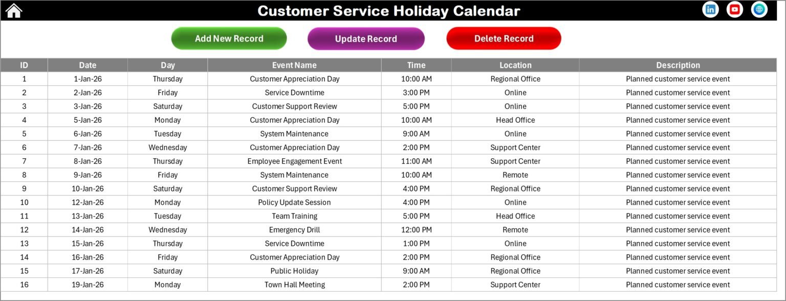 Customer Service Holiday Calendar in Excel - Next Gen Templates