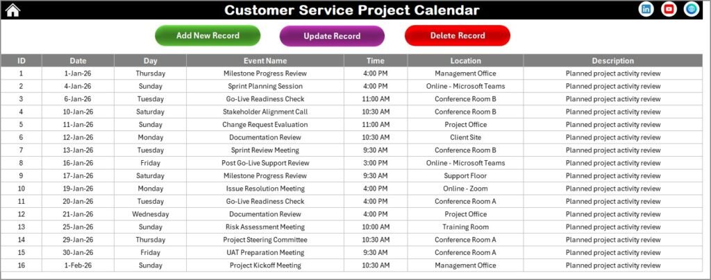 Customer Service Project Calendar in Excel - Next Gen Templates