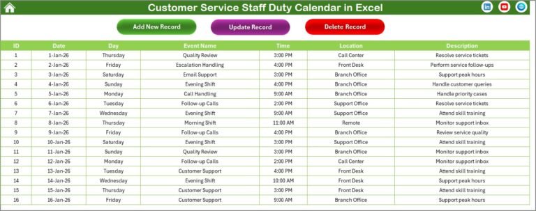 Customer Service Staff Duty Calendar in Excel - Next Gen Templates