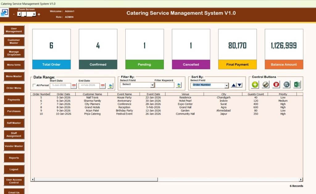 Catering Service Management System V1.0 in Excel VBA - Next Gen Templates