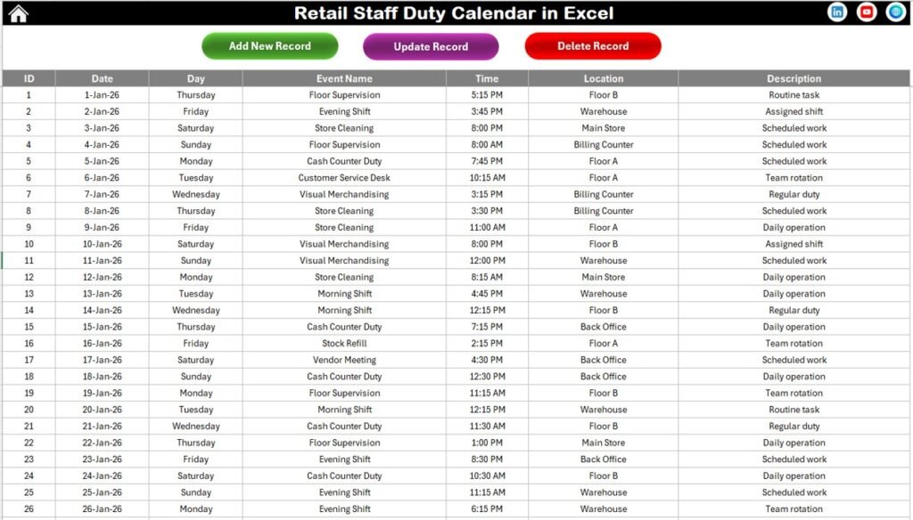 Retail Staff Duty Calendar in Excel - Next Gen Templates
