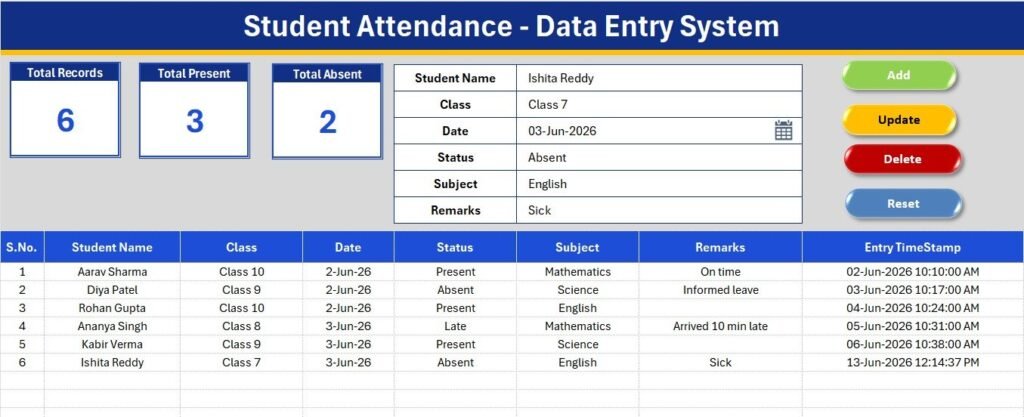 Student Attendance Data Entry System in Excel - Next Gen Templates